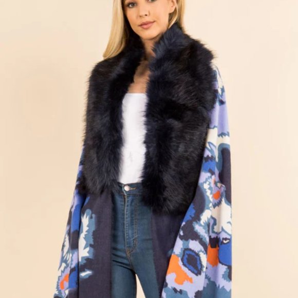 Accessories | Printed Faux Fur Trim Ruana Shawl | Poshmark
